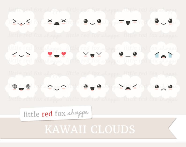 Kawaii Cloud Clipart Weather Clip Art Faces Happy Fluffy - Etsy