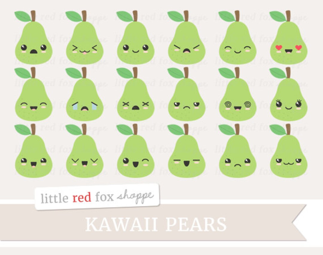 Kawaii Pear Clipart, Fruit Clip Art Faces Happy Summer Food Produce ...