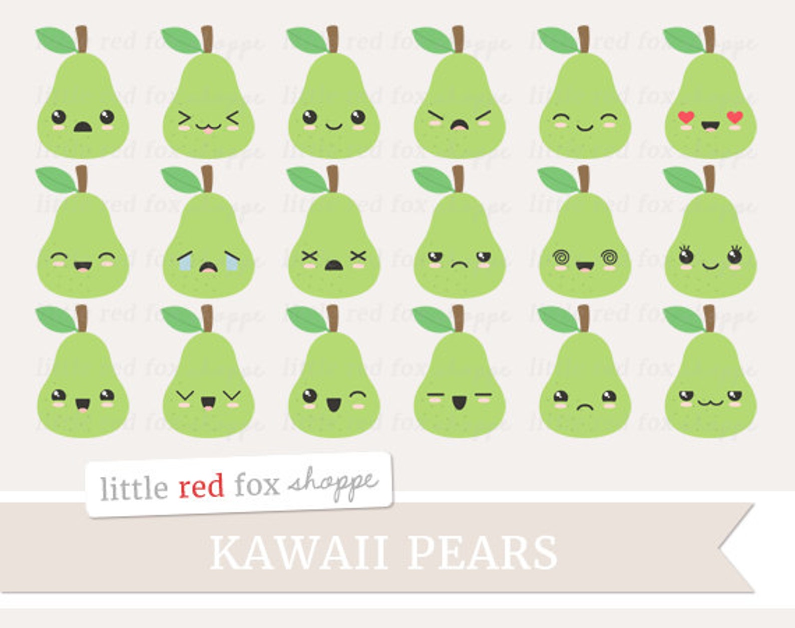 Kawaii Pear Clipart, Fruit Clip Art Faces Happy Summer Food Produce ...