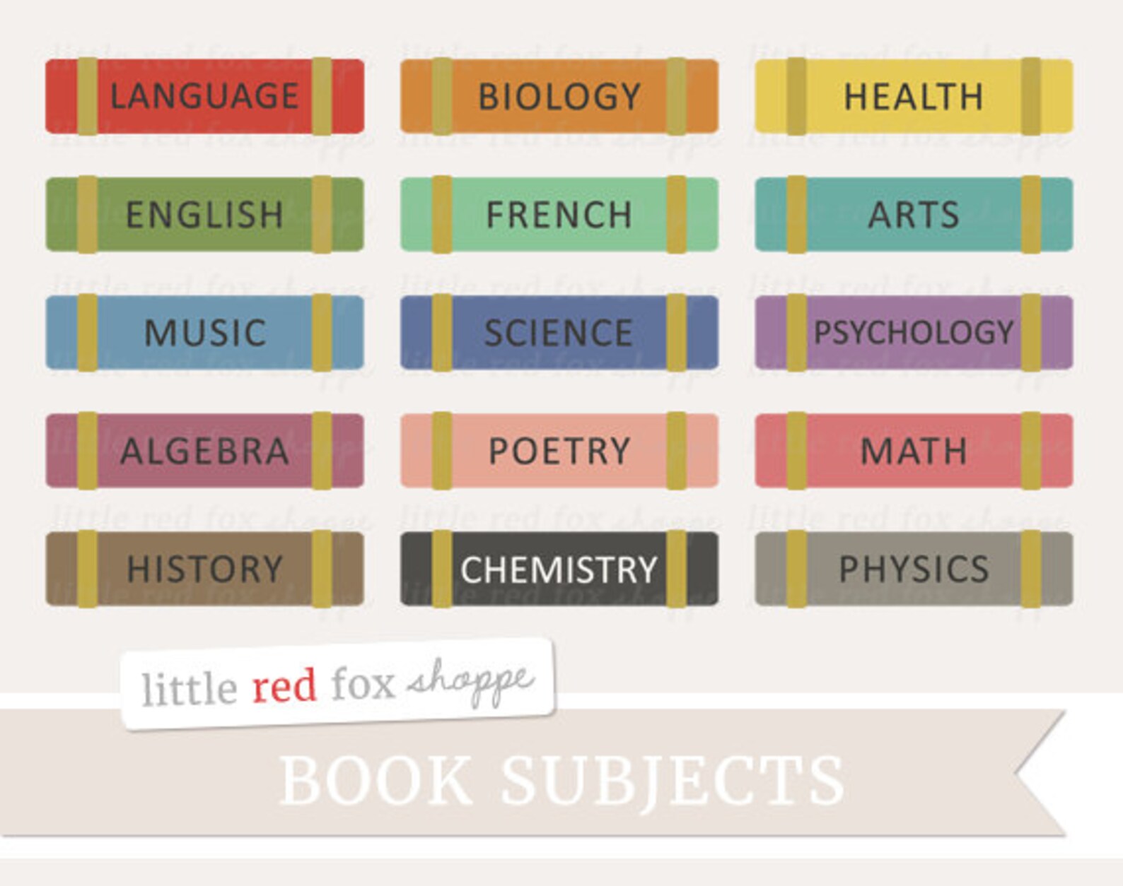 Book Subjects Clipart School Books Clip Art Vintage Library Etsy
