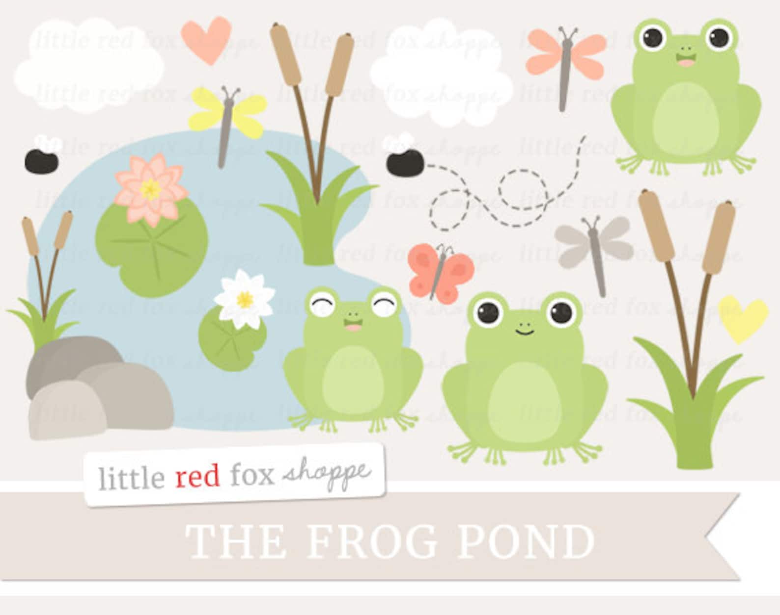 Frog Clipart Frog Pond Clip Art Toad Butterfly Lily Pad - Etsy