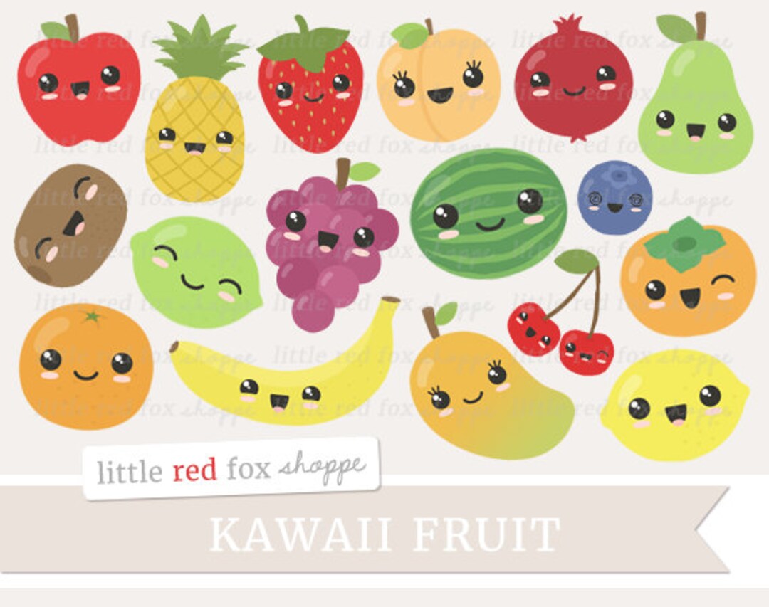 Kawaii Fruit Clipart, Kawaii Fruits Clip Art Apple Pear Orange Lemon ...