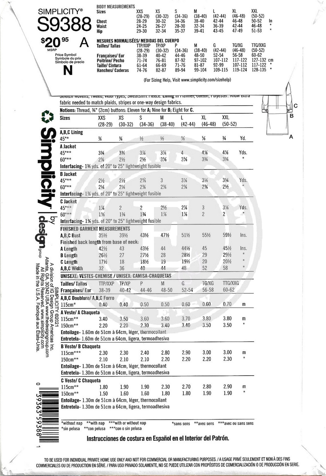 Simplicity S9388 Sewing Pattern for Misses Mens Unisex Button - Etsy