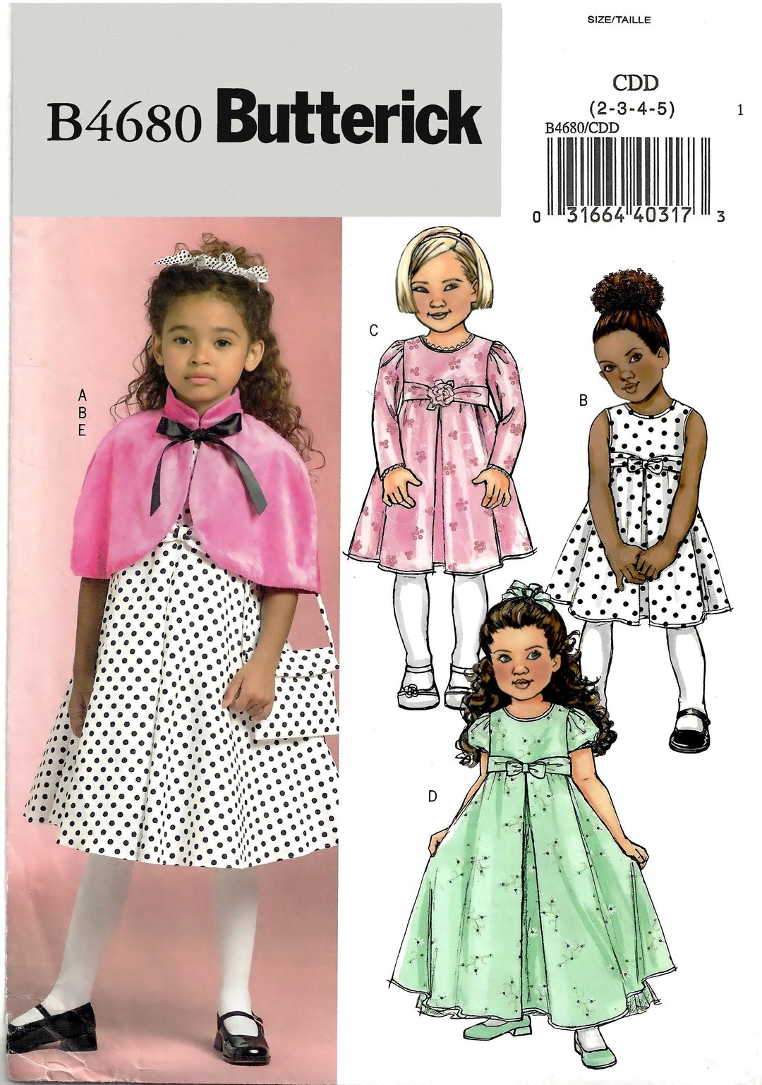Butterick B4680 Sewing Pattern Childrens Caplet Dress and Bag Sz 2-5 ...