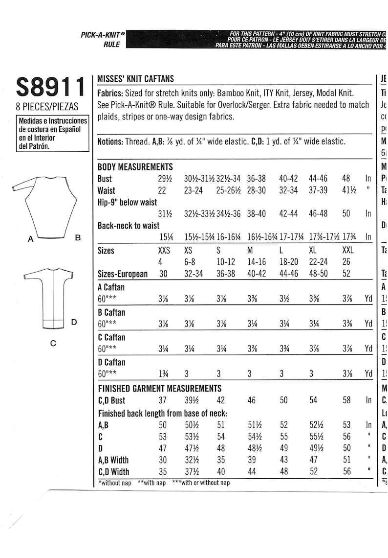 Simplicity S8911 Sewing Pattern Misses Knit Caftans with | Etsy