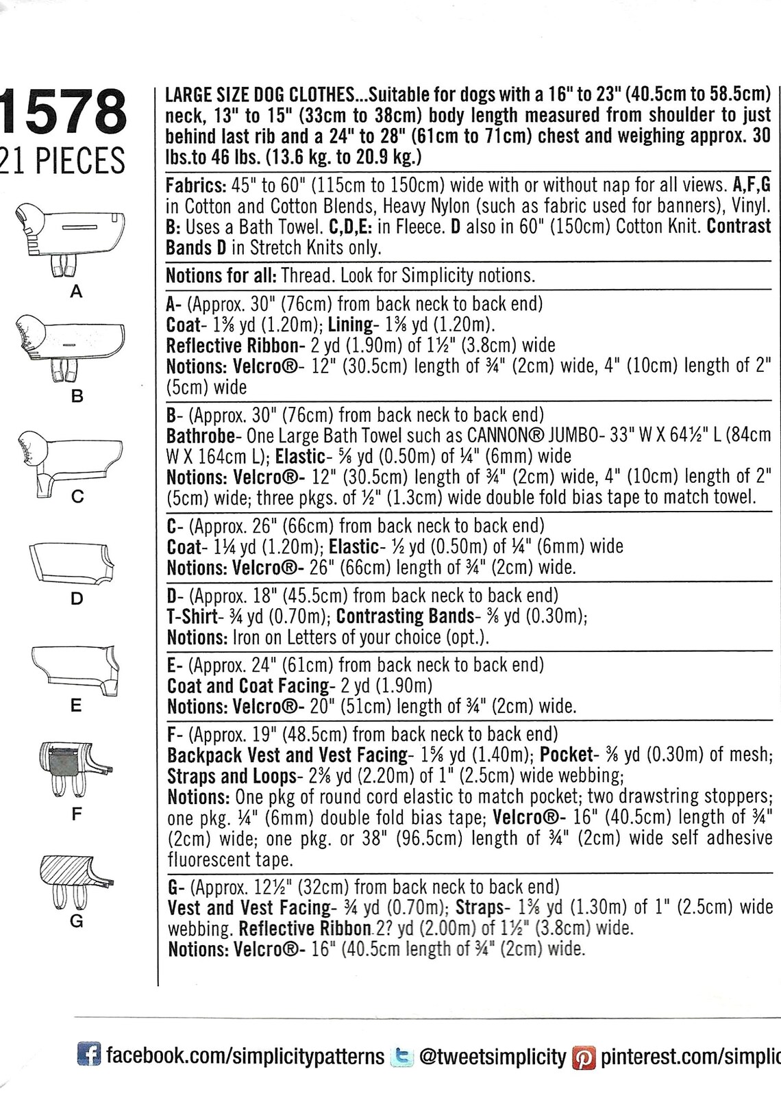 Simplicity 1578 Sewing Pattern for Large Size Dog Clothes Coat With ...