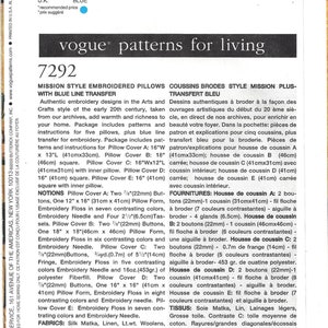 Vogue 7292 Sewing Pattern for Mission Style Embroidered Pillows With ...