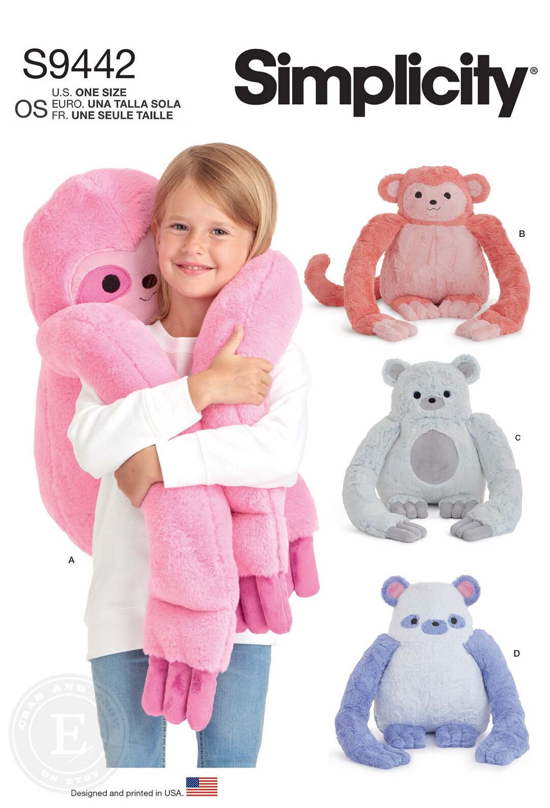 Simplicity S9442 Sewing Pattern for Hugging Plush Animals Sloth Monkey ...