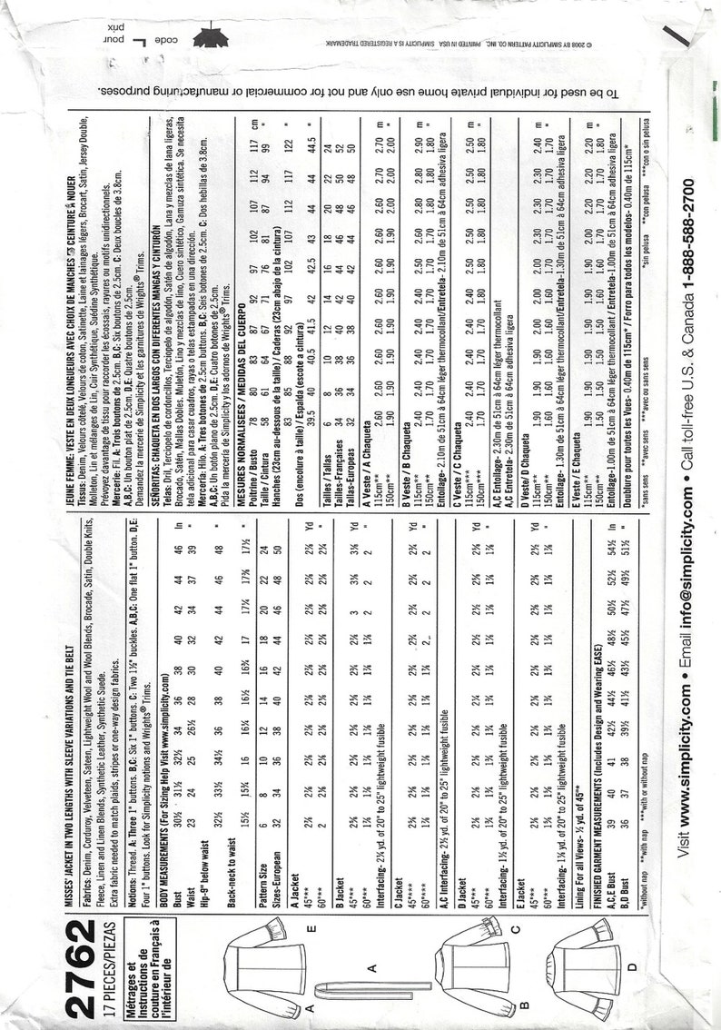 Simplicity 2762 Sewing Pattern for Misses Jacket in Two | Etsy