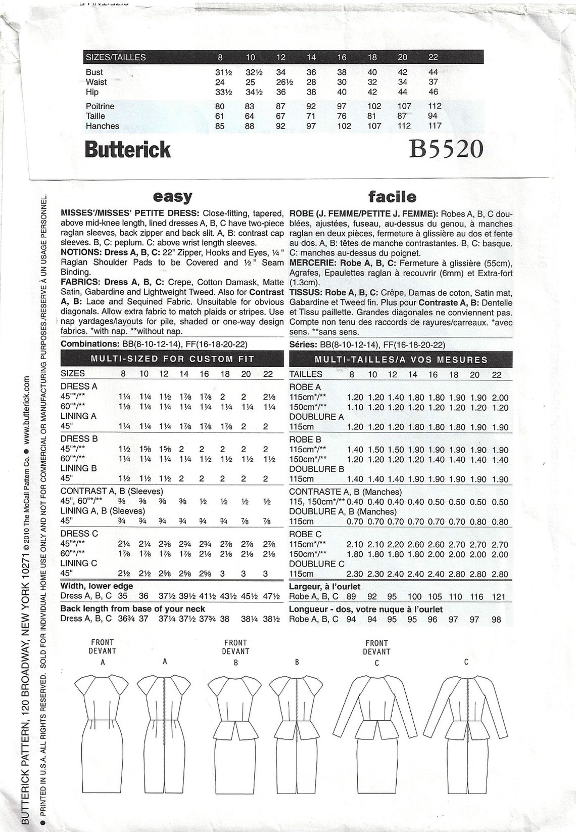 Butterick B5520 Sewing Pattern Misses Close Fitting Raglan - Etsy