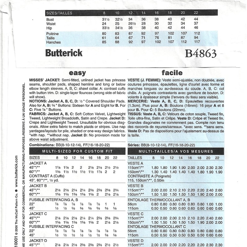 Butterick B4863 Sewing Pattern Misses Unlined Jacket With Shaped ...