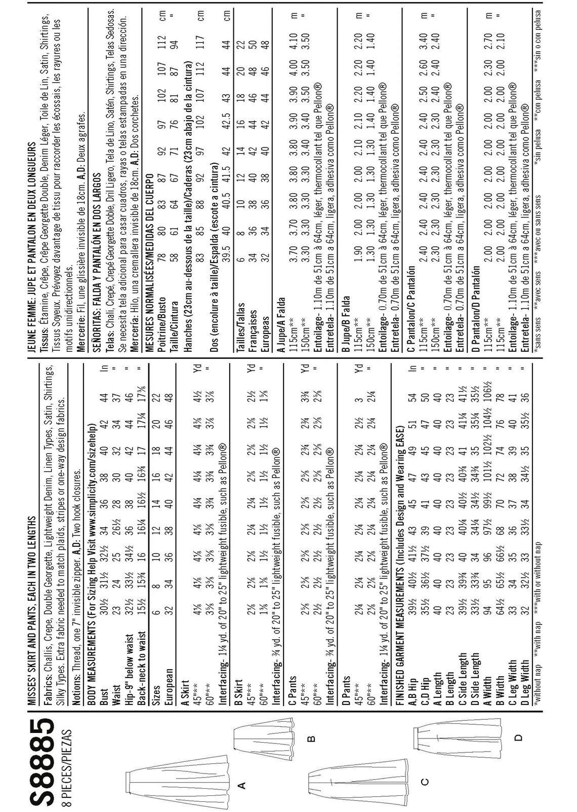 Simplicity S8885 Sewing Pattern Misses Skirt and Pants Each in - Etsy