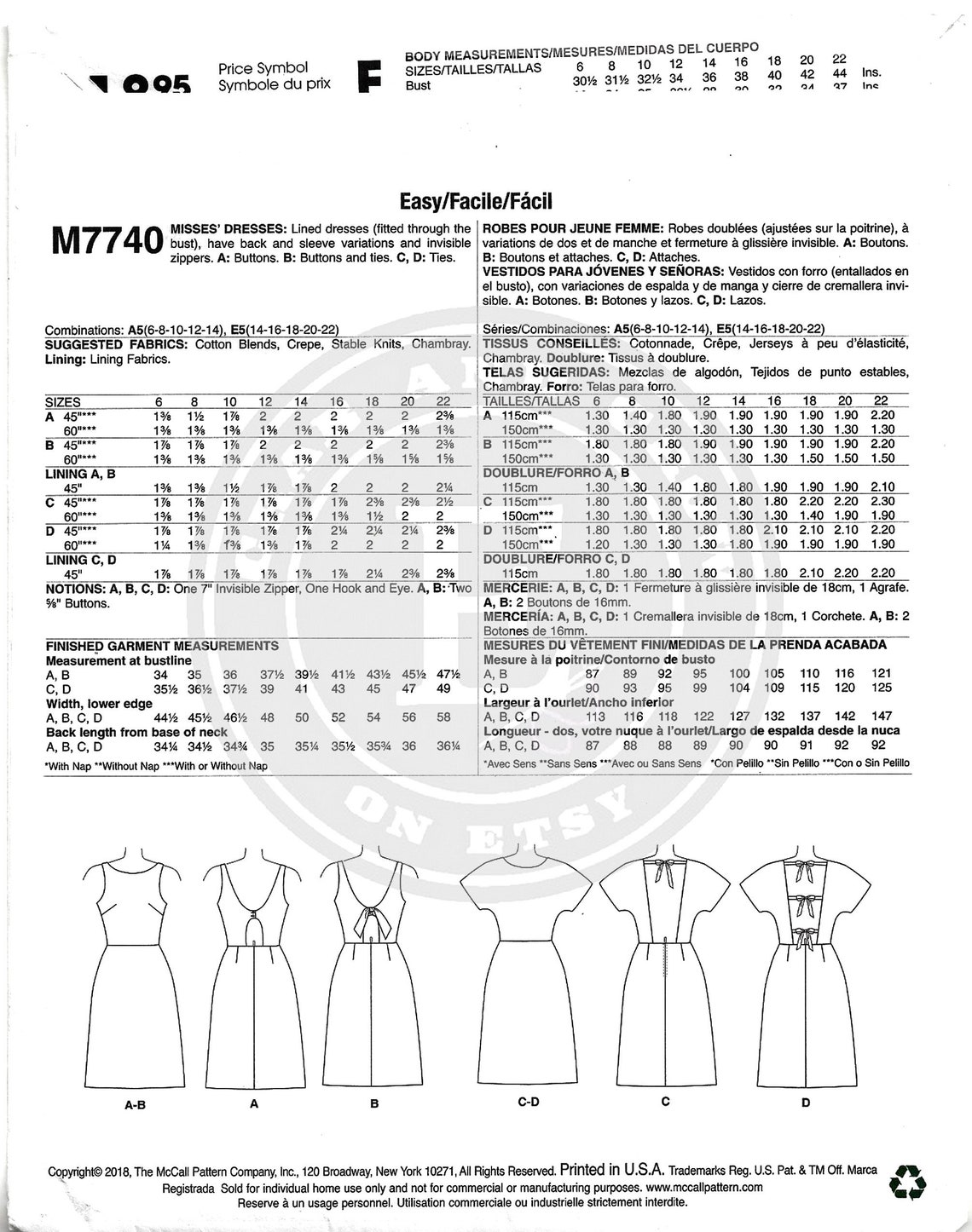 McCalls M7740 Sewing Pattern for Misses Easy Lined Dresses | Etsy