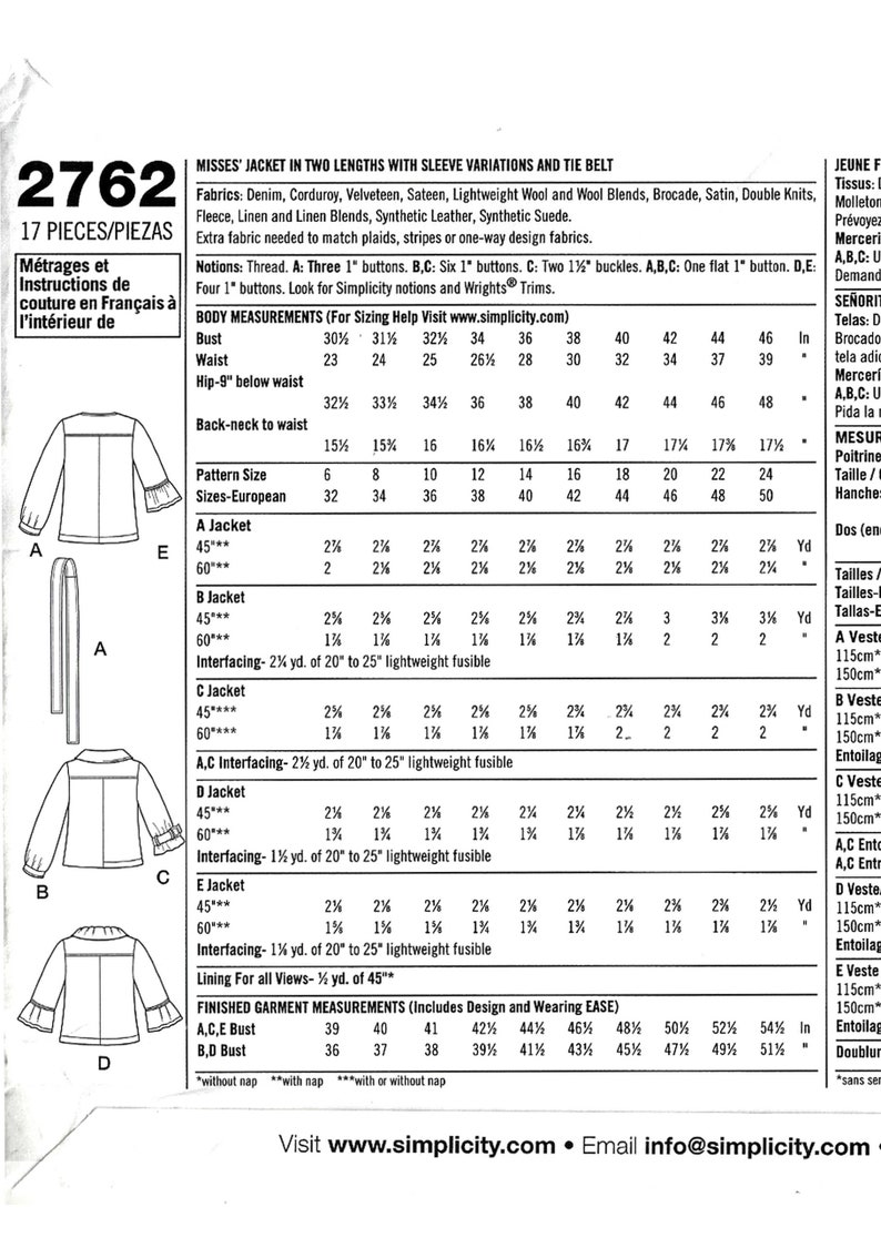 Simplicity 2762 Sewing Pattern for Misses Jacket in Two | Etsy