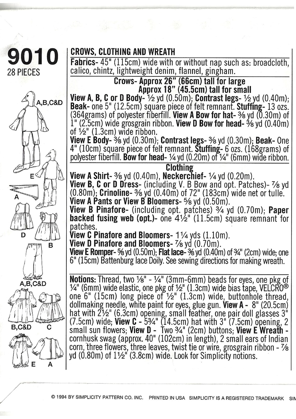 Simplicity 9010 Sewing Pattern for Decorative Crows With - Etsy