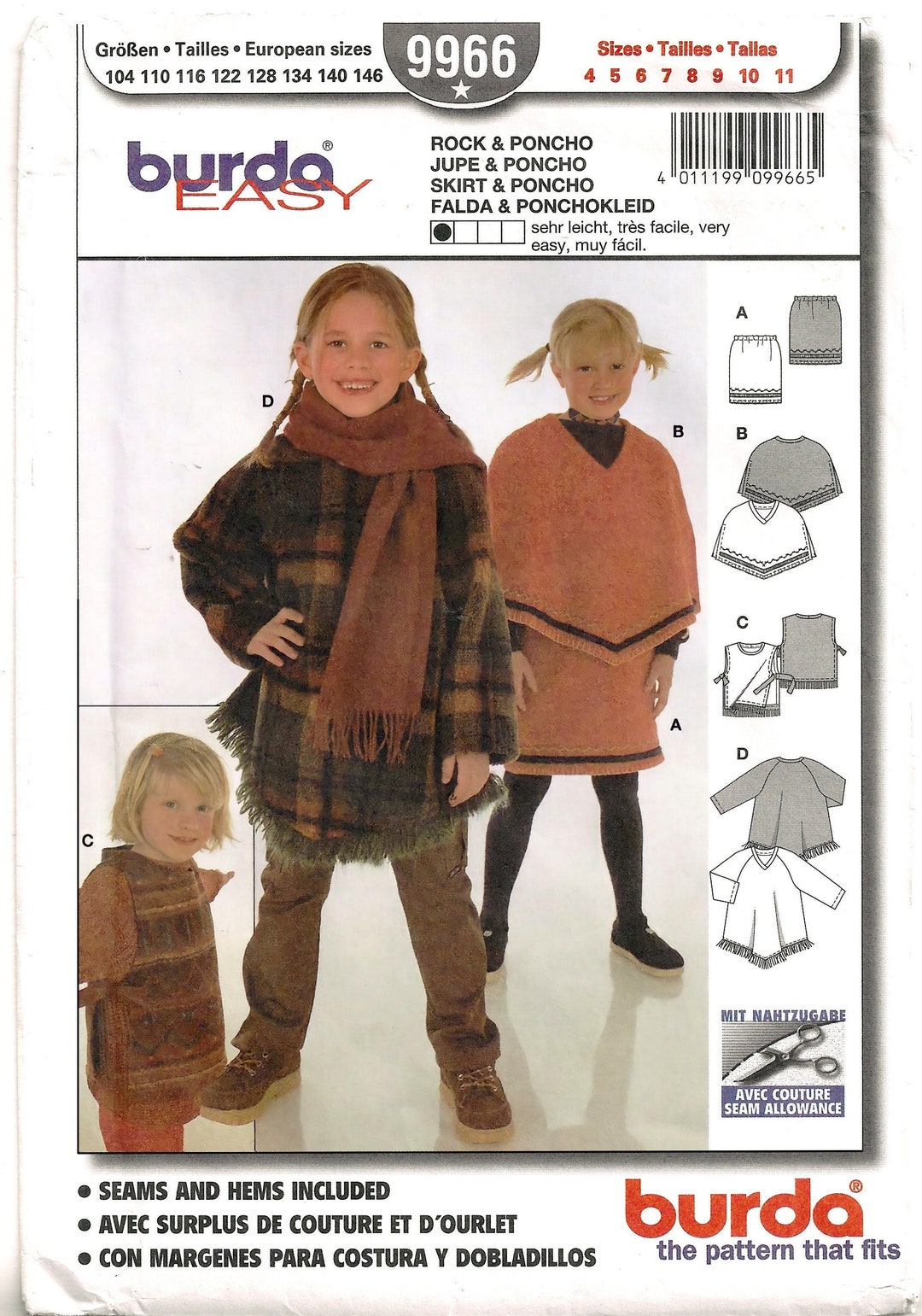 Burda 9966 Sewing Pattern for Girls Easy Skirt and Poncho Sz 4-11 Uncut ...