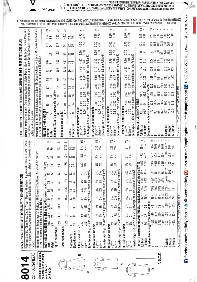 Simplicity 8014 Sewing Pattern Misses Shirt Dresses with | Etsy