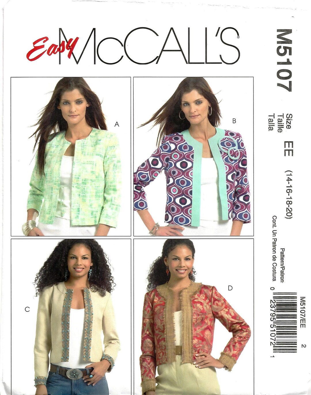 Mccalls M5107 Sewing Pattern Misses Unlined Open Front Jackets With ...