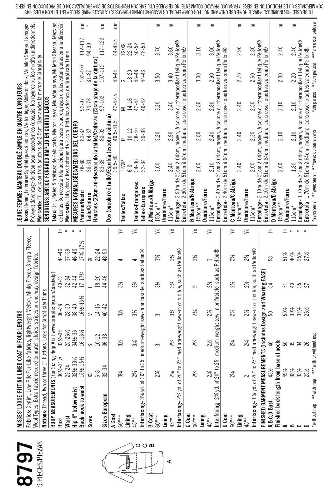 Simplicity 8797 Sewing Pattern Misses Loose Fitting Lined Coat - Etsy