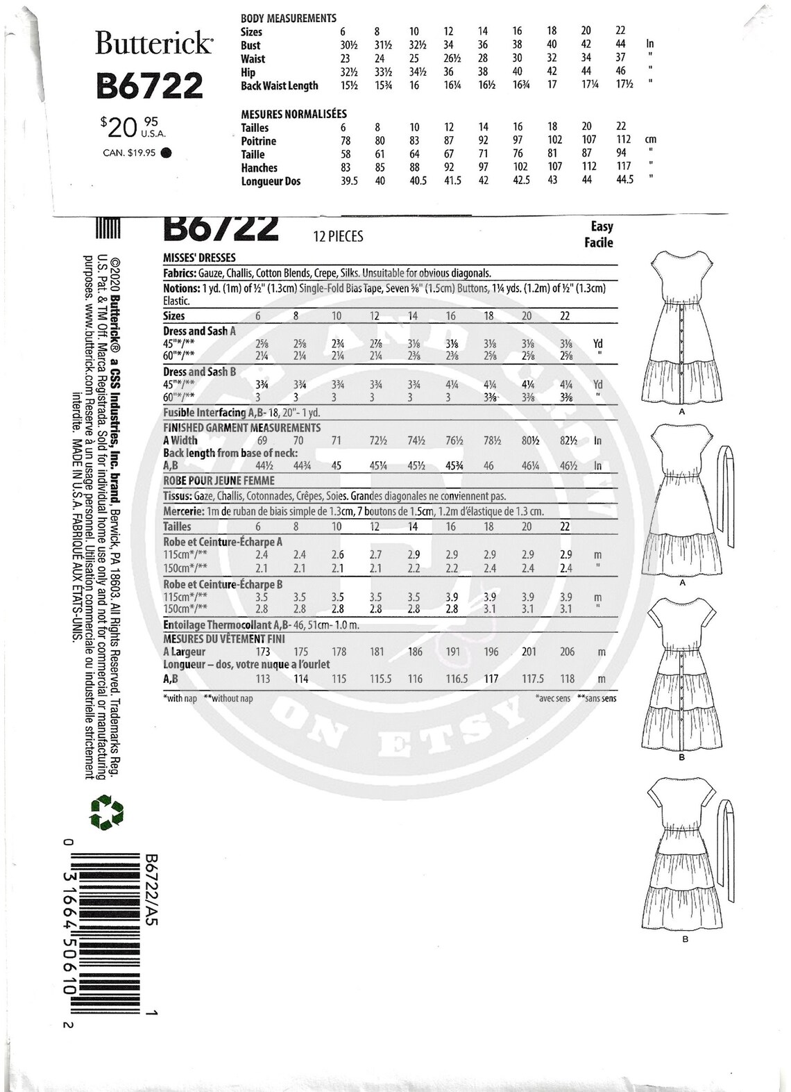 Butterick B6722 Sewing Pattern Misses Loose Fitting Elastic - Etsy