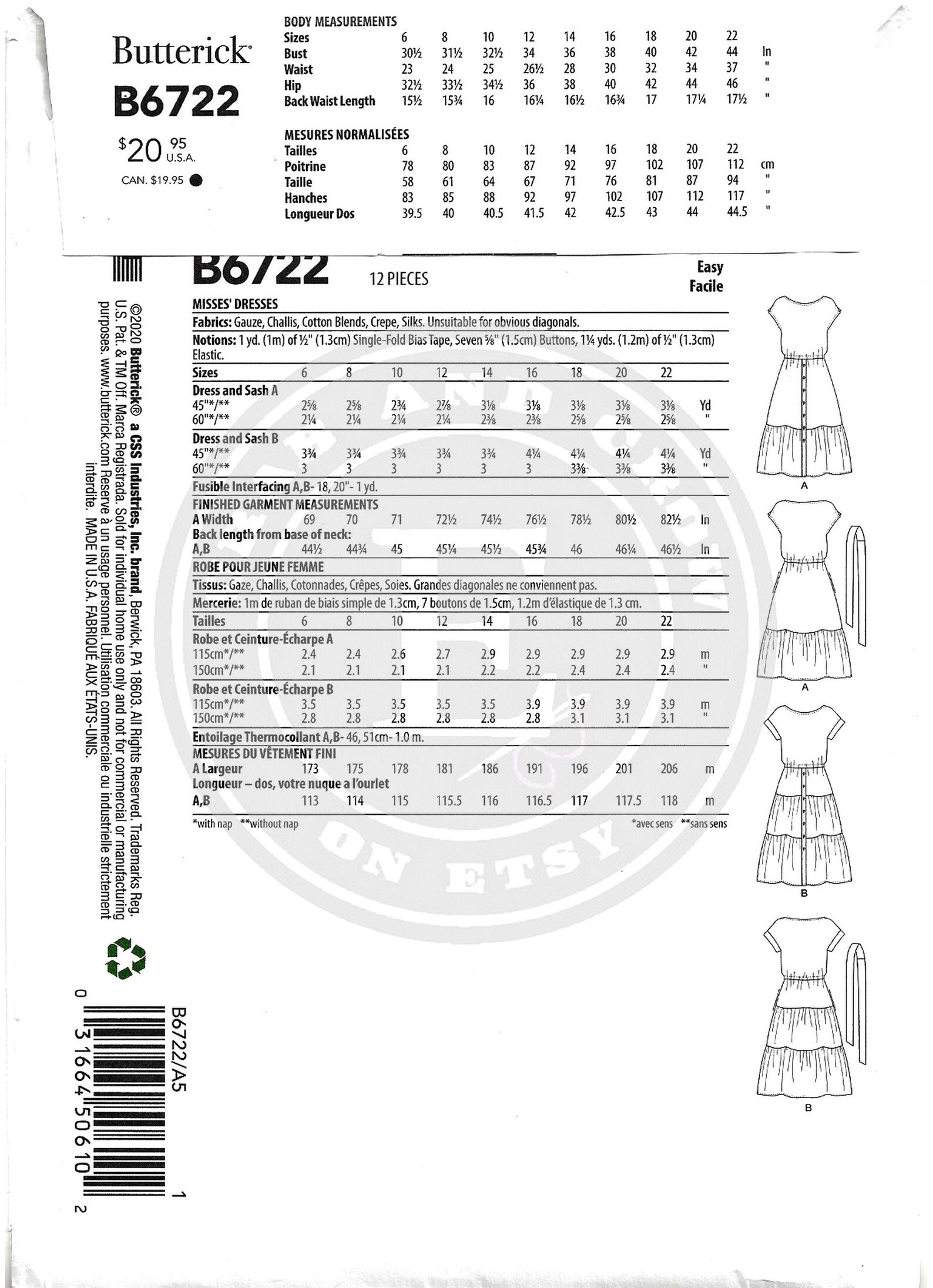 Butterick B6722 Sewing Pattern Misses Loose Fitting Elastic Waist Multi ...
