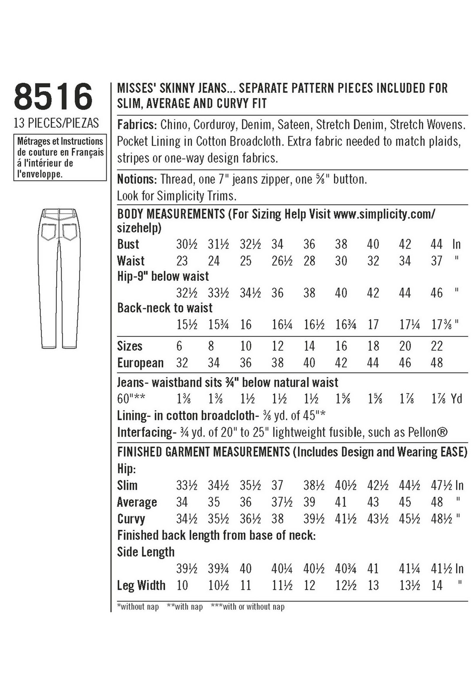 Simplicity 8516 Sewing Pattern for Misses Skinny Jeans for | Etsy