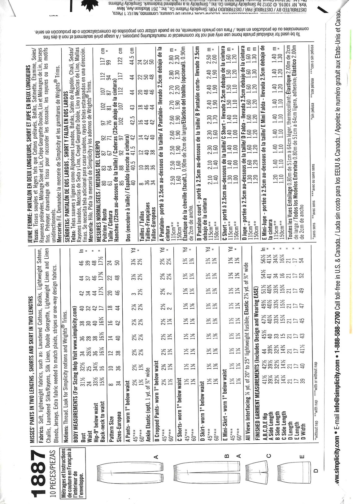 Simplicity 1887 Sewing Pattern Misses Easy to Sew Pants in Two | Etsy