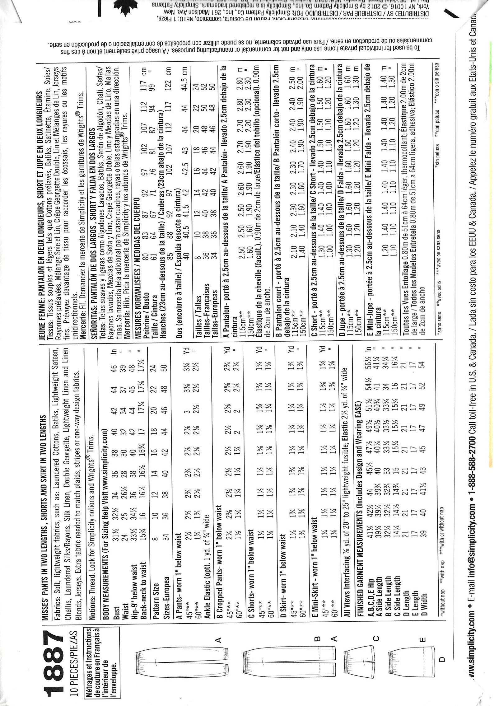 Simplicity 1887 Sewing Pattern Misses Easy to Sew Pants in Two | Etsy