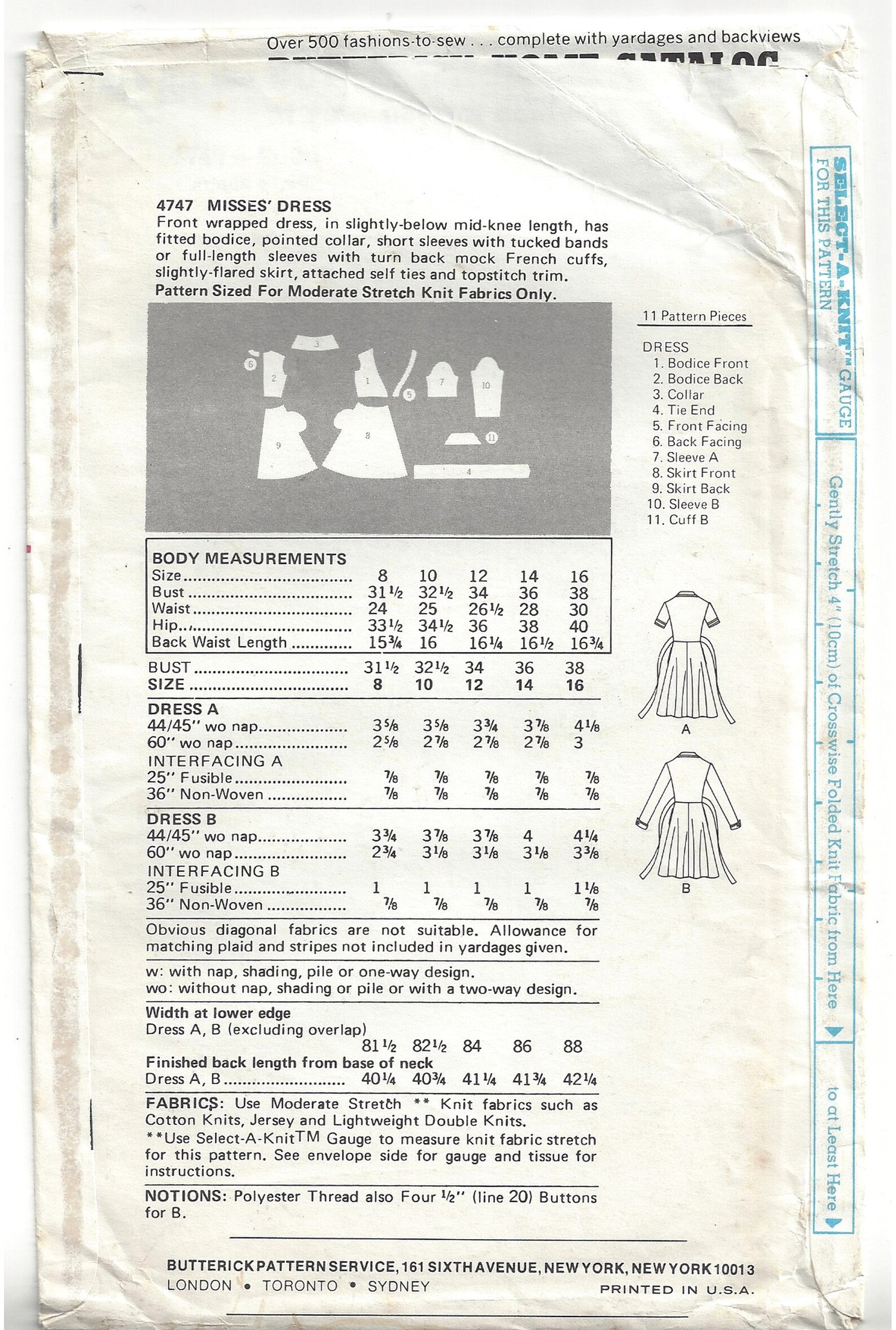Butterick 4747 Sewing Pattern Misses Vintage 70s Front Wrapped Knit ...