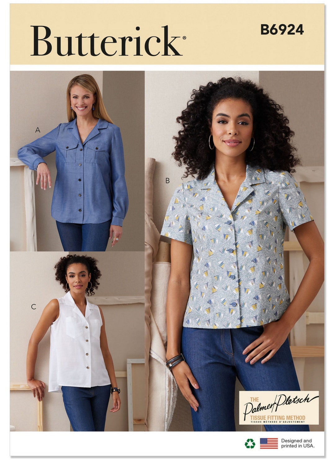 Butterick B6924 Sewing Pattern Misses Fitted Button Front Shirts With Sleeve Variations Palmer ...