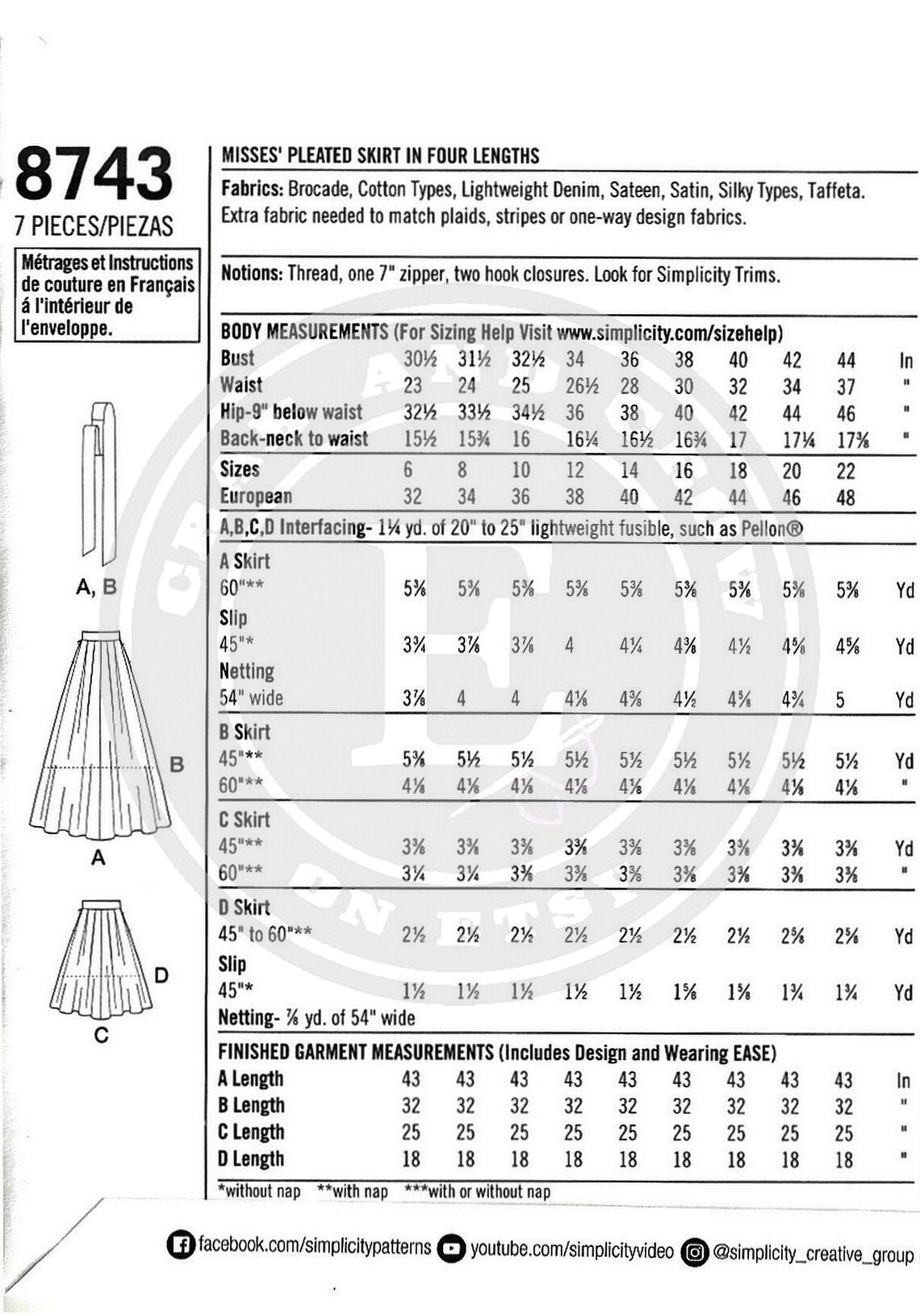 Simplicity 8743 Sewing Pattern Misses Pleated Skirt in Four - Etsy