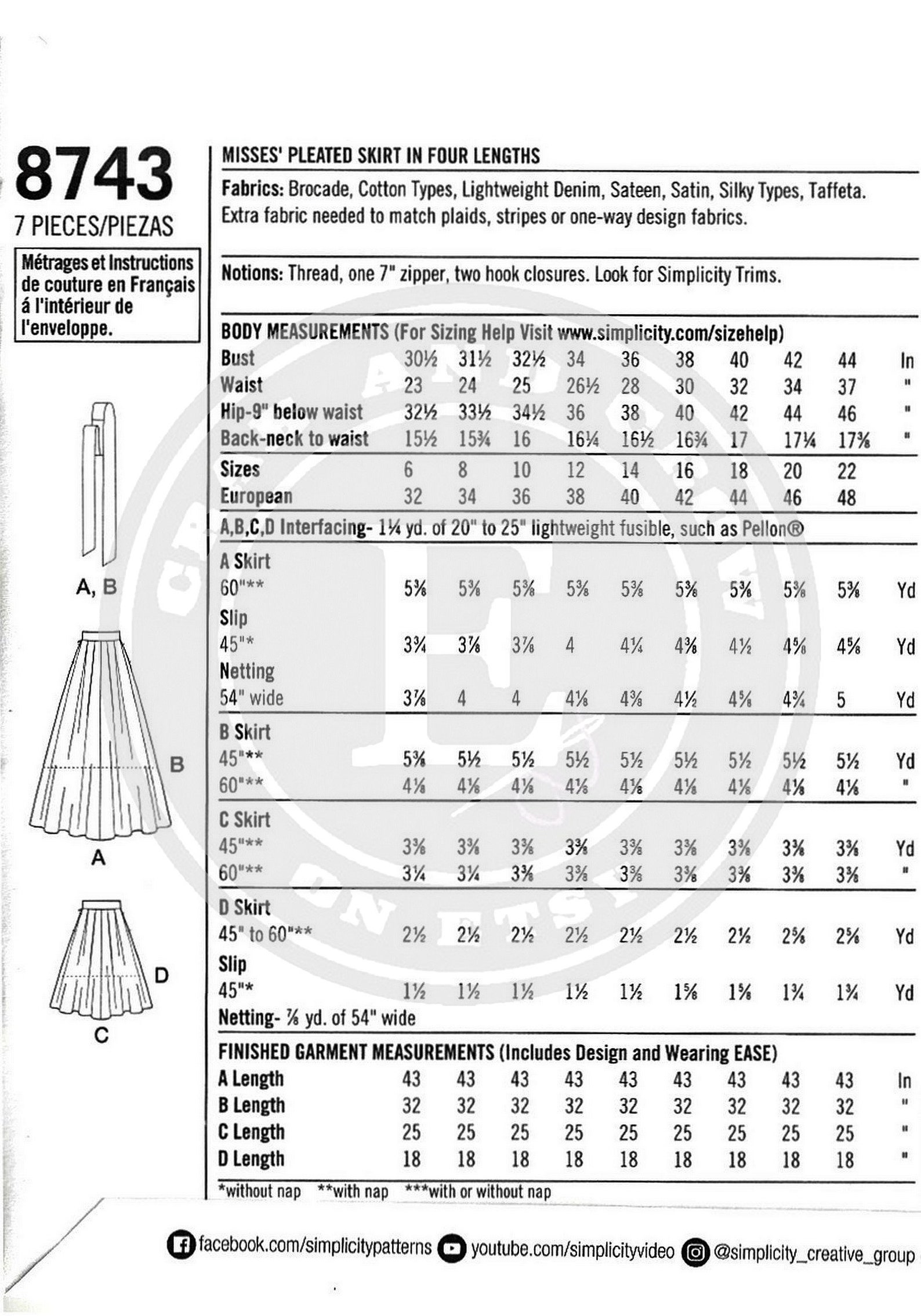Simplicity 8743 Sewing Pattern Misses Pleated Skirt in Four - Etsy