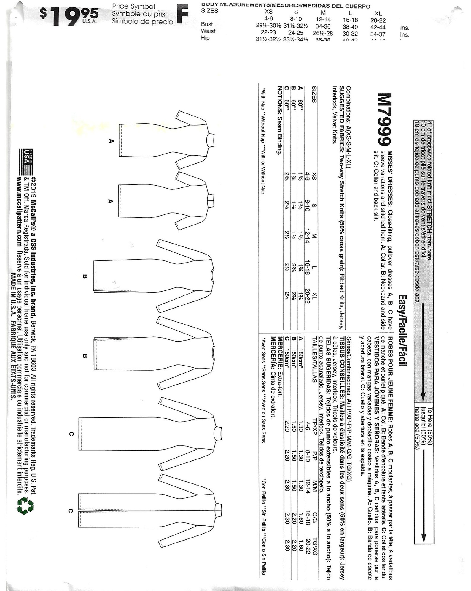 Mccalls M7999 Sewing Pattern for Misses Easy Close Fitting - Etsy