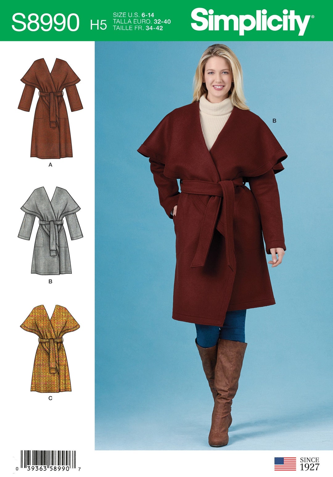 Simplicity S8990 Sewing Pattern Misses Wrap Style Coats With Large ...