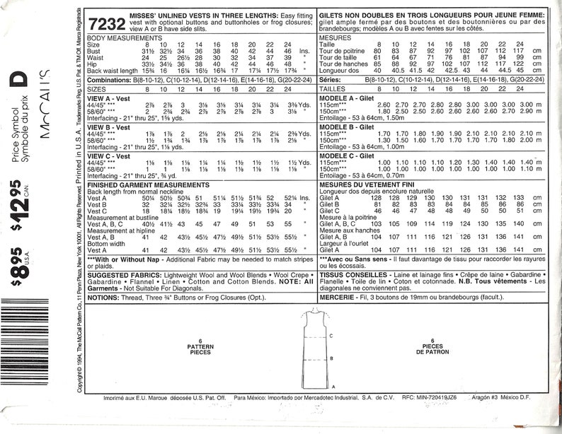 Mccalls 7232 Sewing Pattern for Misses Unlined Vests in Three - Etsy
