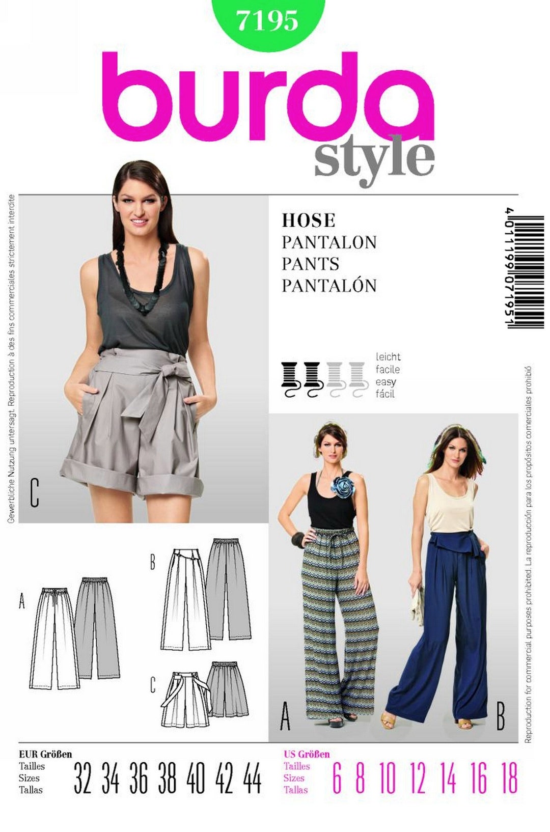 Burda 7195 Sewing Pattern for Misses Loose Fitting Pants in Two Lengths ...