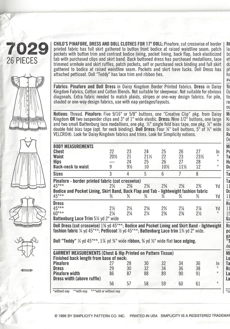 Simplicity 7029 Sewing Pattern for Childs Pinafore Dress and Doll ...