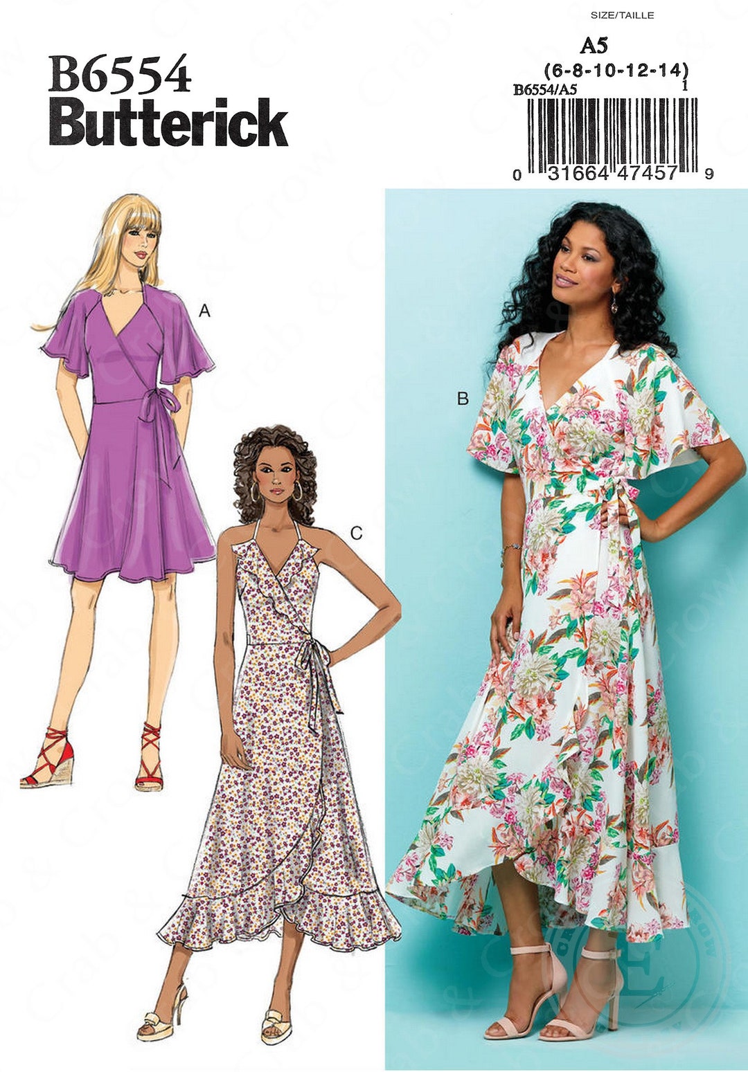 Butterick B6554 Sewing Pattern Misses Easy Fitted Wrap Dress Length and ...