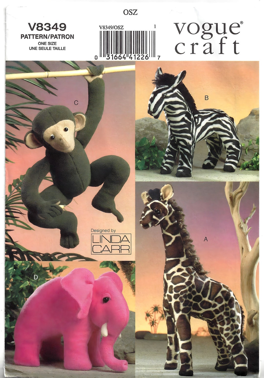 Vogue V8349 Sewing Pattern for Stuffed Animals Giraffe Zebra Elephant ...