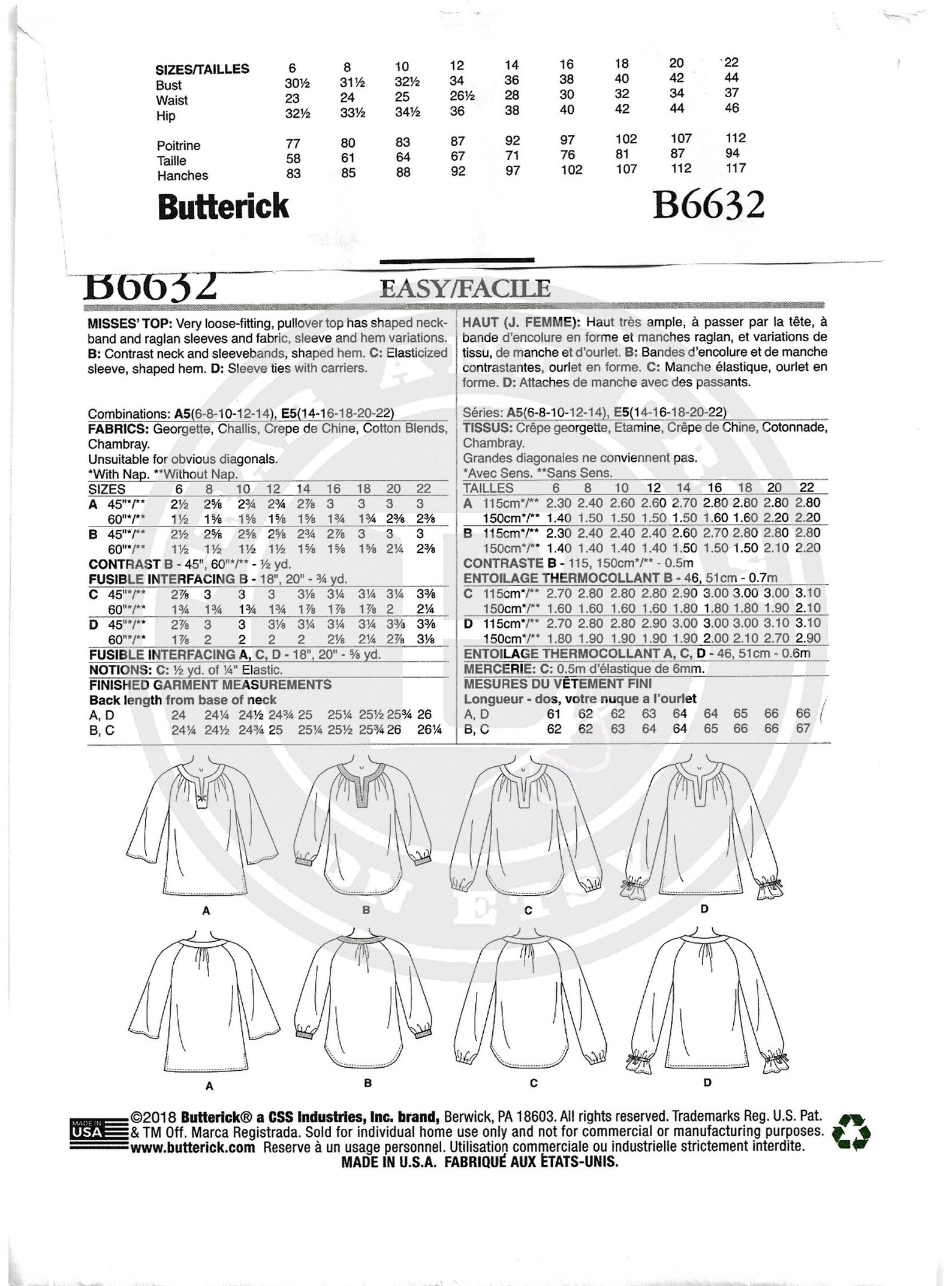 Butterick B6632 Sewing Pattern Misses Easy Loose Fitting | Etsy