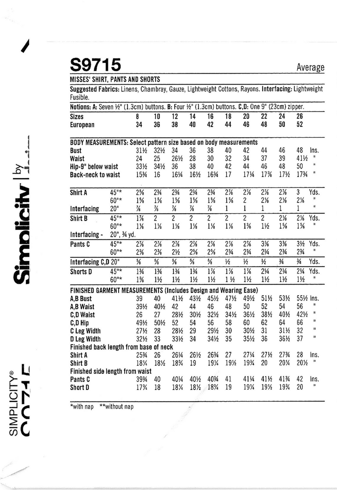 Simplicity S9715 Sewing Pattern Misses Long or Short Sleeve - Etsy