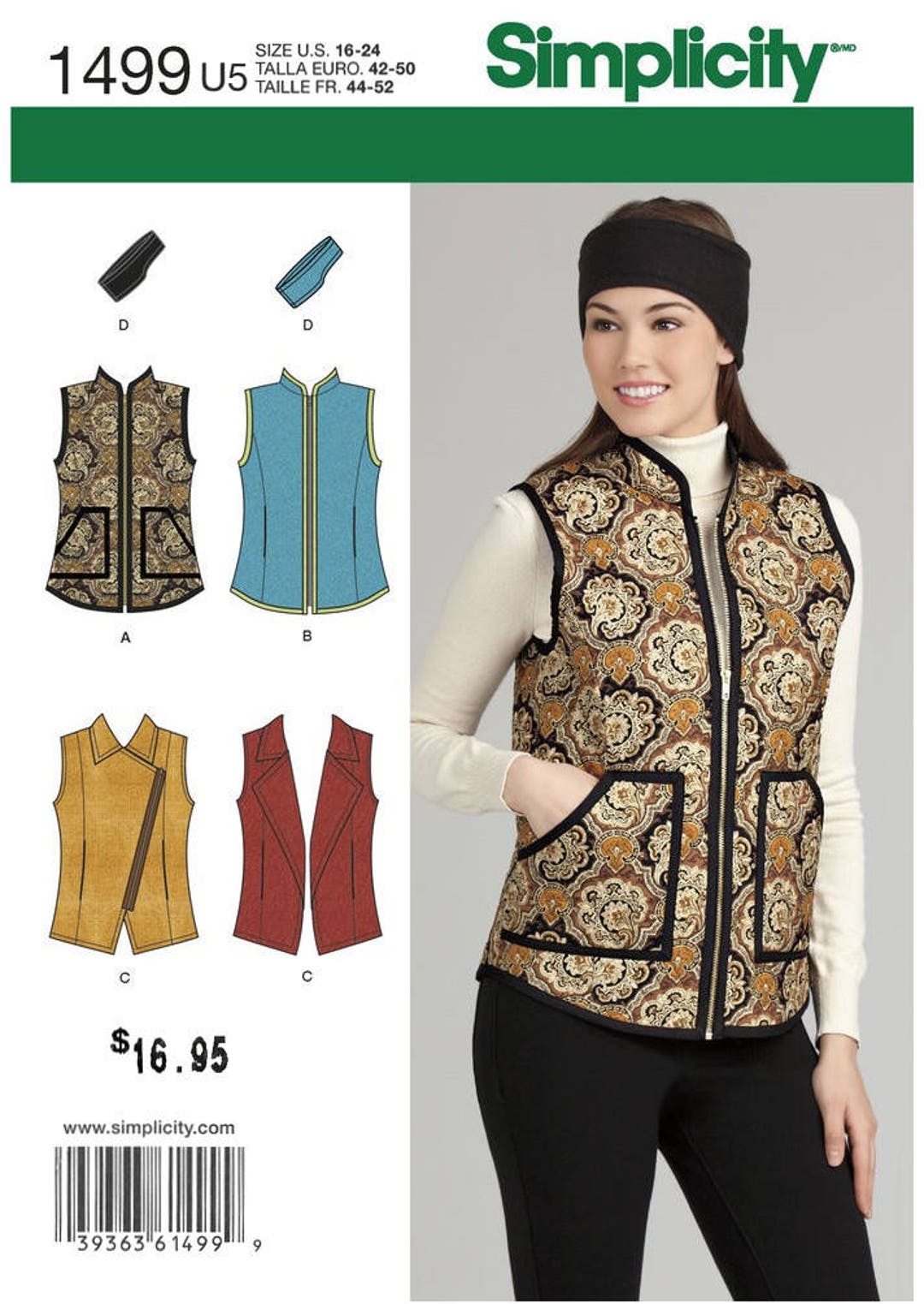 Simplicity 1499 Sewing Pattern Misses Easy to Sew Vests and Headband Sz ...