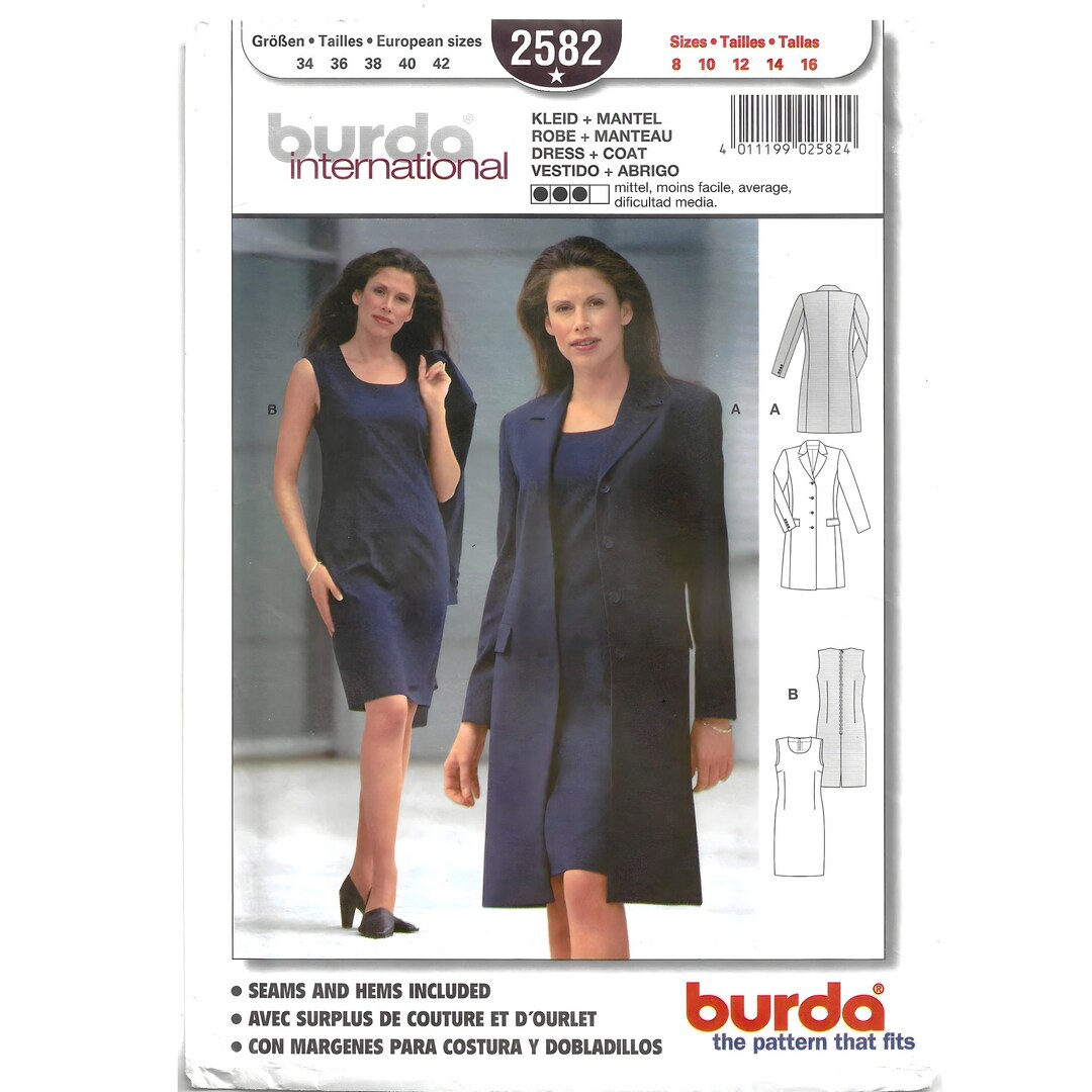 Burda 2582 Sewing Pattern Misses Sleeveless Dress and Button Front Coat ...