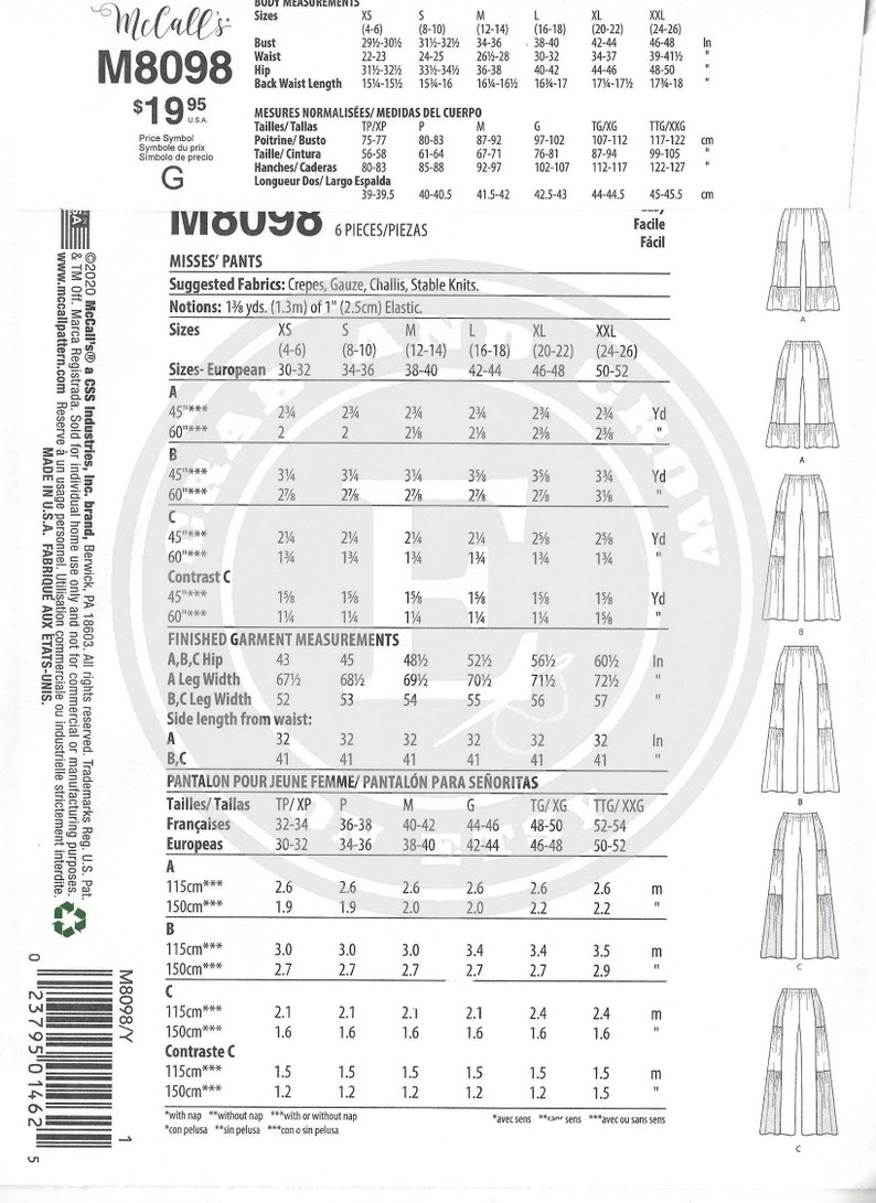 Mccalls M8098 Sewing Pattern Misses Elastic Waist Full Pants - Etsy