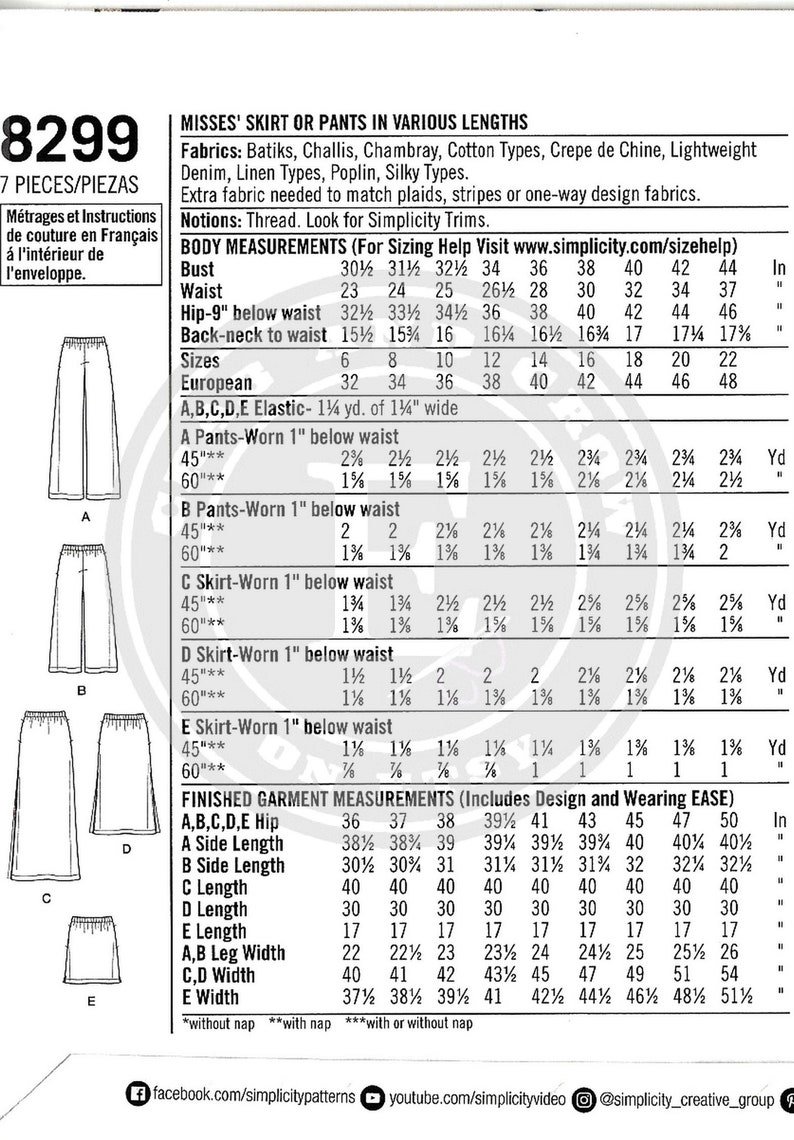Simplicity 8299 Sewing Pattern Misses Easy to Sew Skirts or - Etsy