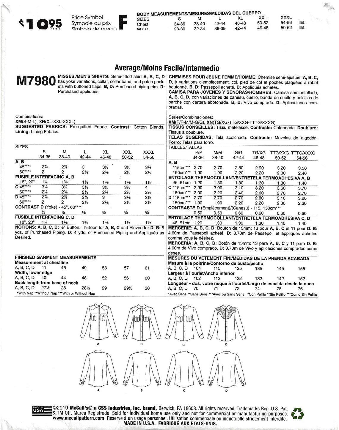 Mccalls M7980 Sewing Pattern Misses and Men's Semi Fitted - Etsy