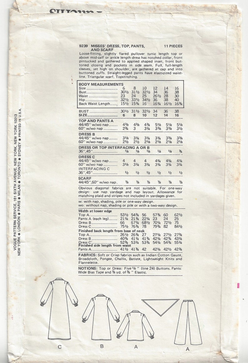 Vogue 9239 Sewing Pattern Misses Vintage 70s Pullover Tunic Top or ...