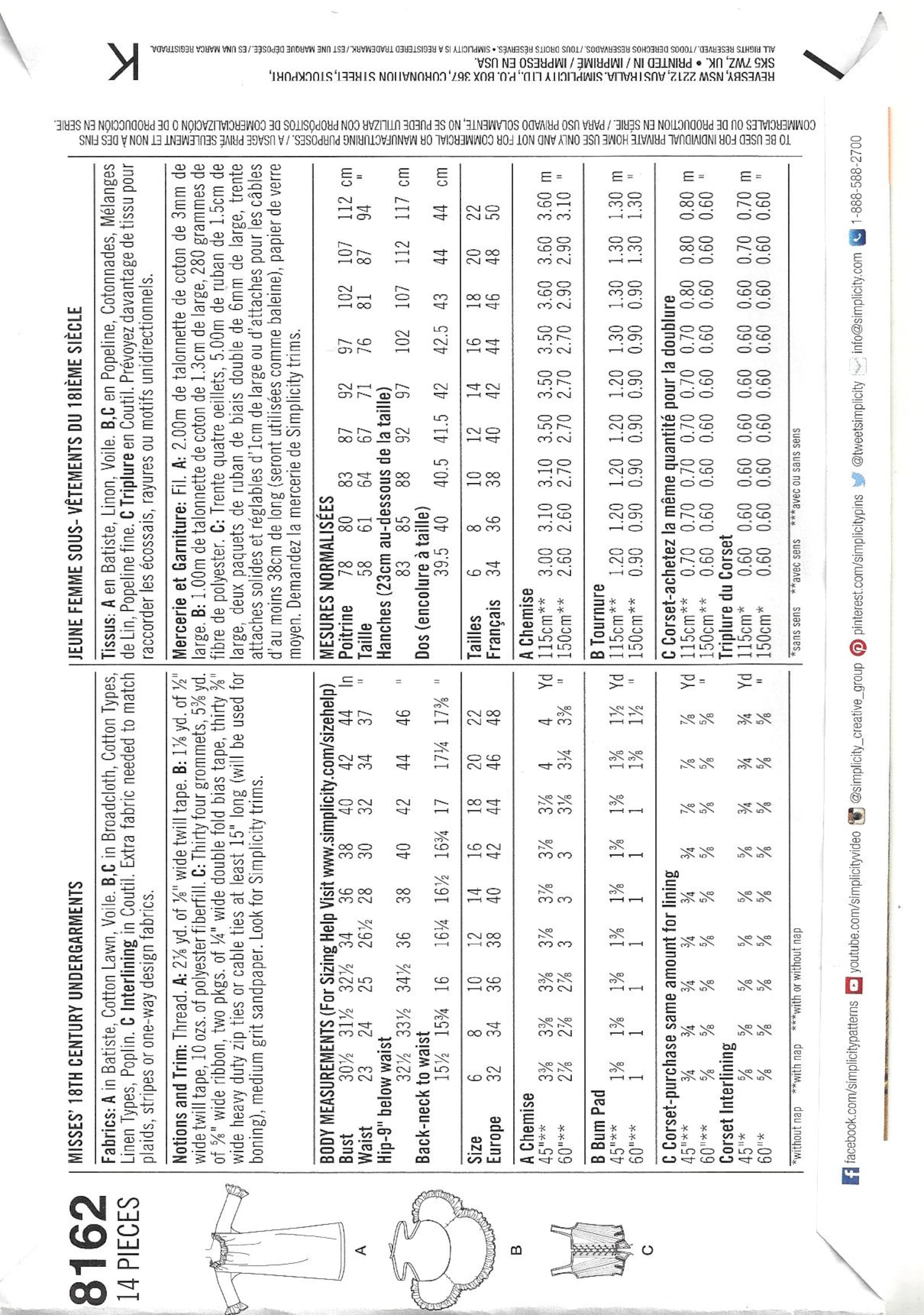 Simplicity 8162 Sewing Pattern Misses 18th Century - Etsy