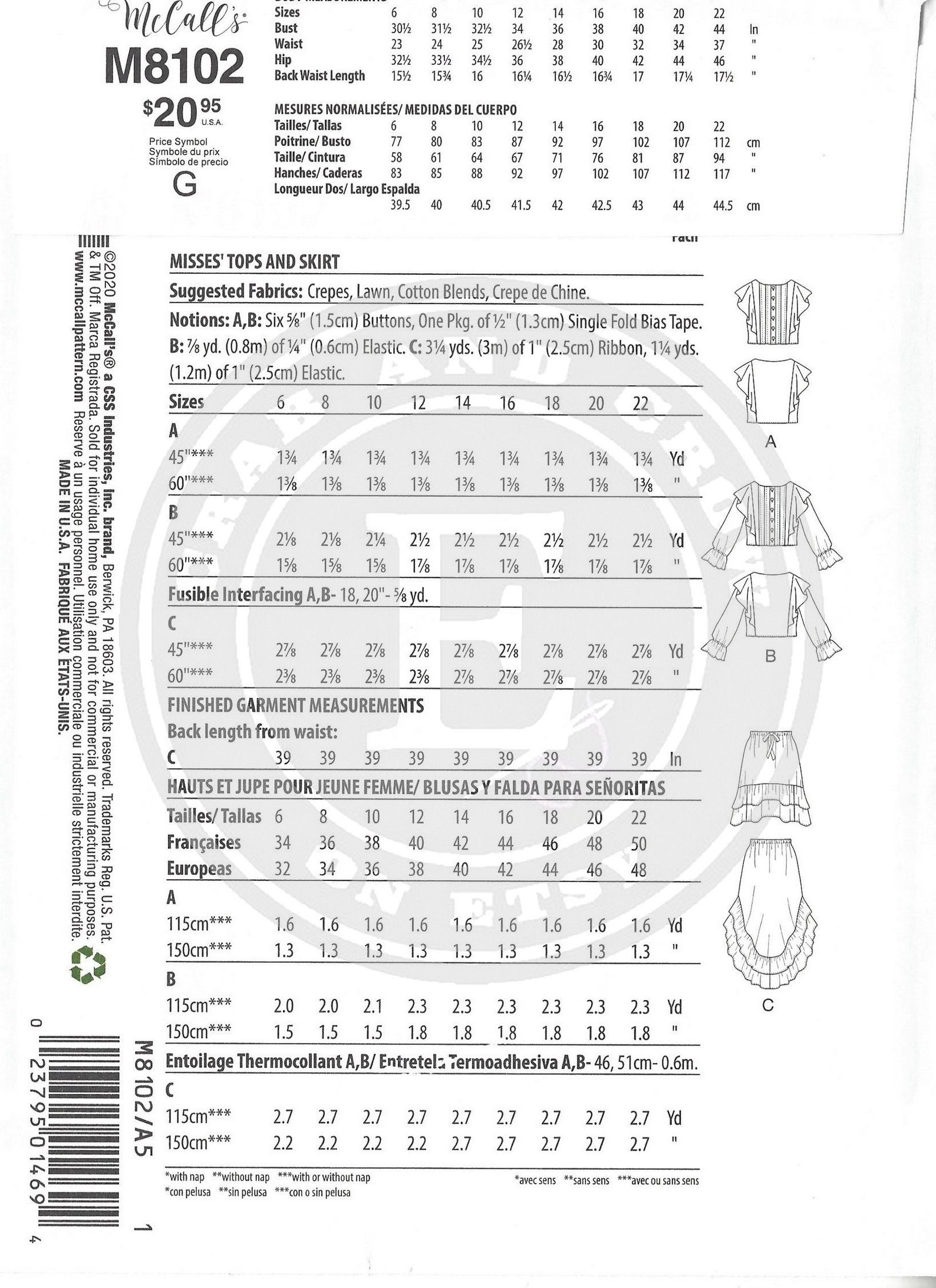 Mccalls M8102 Sewing Pattern Misses Front Button Top With Tucks With Hi ...