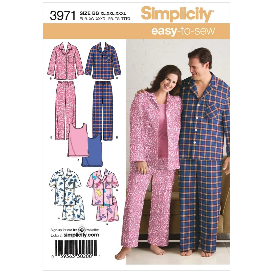 Simplicity 3971 Sewing Pattern Womens and Mens Easy to Sew Pajamas in ...